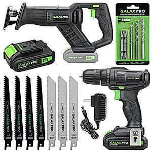 GALAX PRO 20 V Max Cordless Combo Kit, 20 N.m Impact Drill Driver, Reciprocating Saw 0-3000 SPM, 1.3 Ah Li-ion Battery Pack with Charger and 7 Pieces blades
