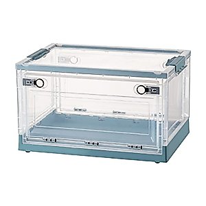 Yhxdev Large Closet Organizers and Storage, 52L Folding Storage Box, Stackable Plastic Storage Bins with Double Doors and Lids, Sterlite Containers with Wheels (Blue)