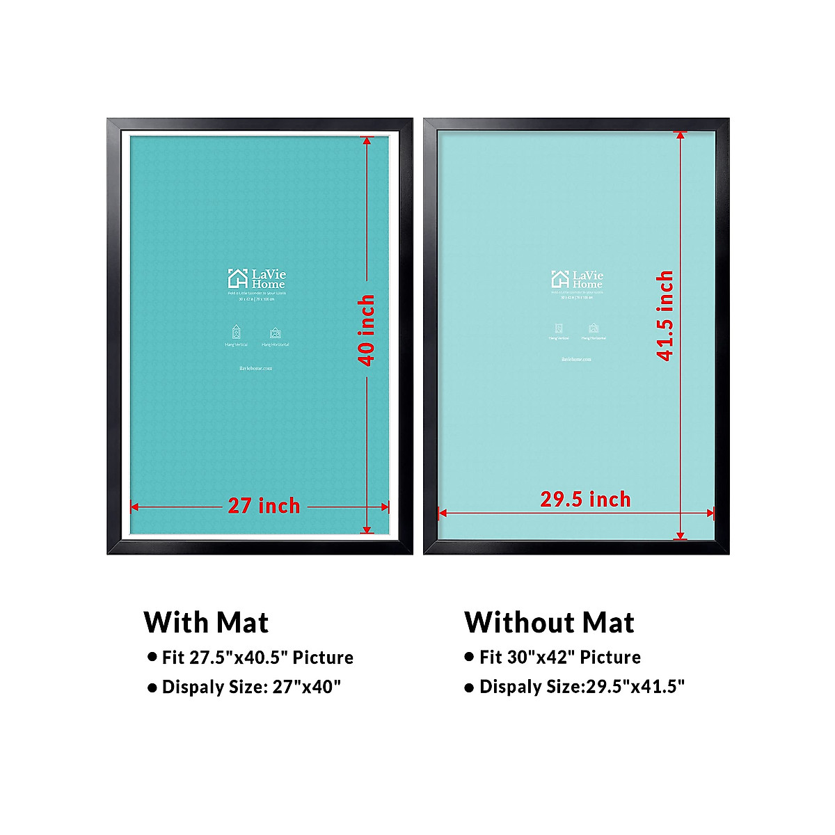 LaVie Home 30 x 42 Poster Frame Black, Display Pictures 27x40 with Mat or 30x42 Without Mat, Stable and Sturdy Picture Frame and Polished Plexiglass, Horizontal and Vertical Format of The Wall（1 Pack）