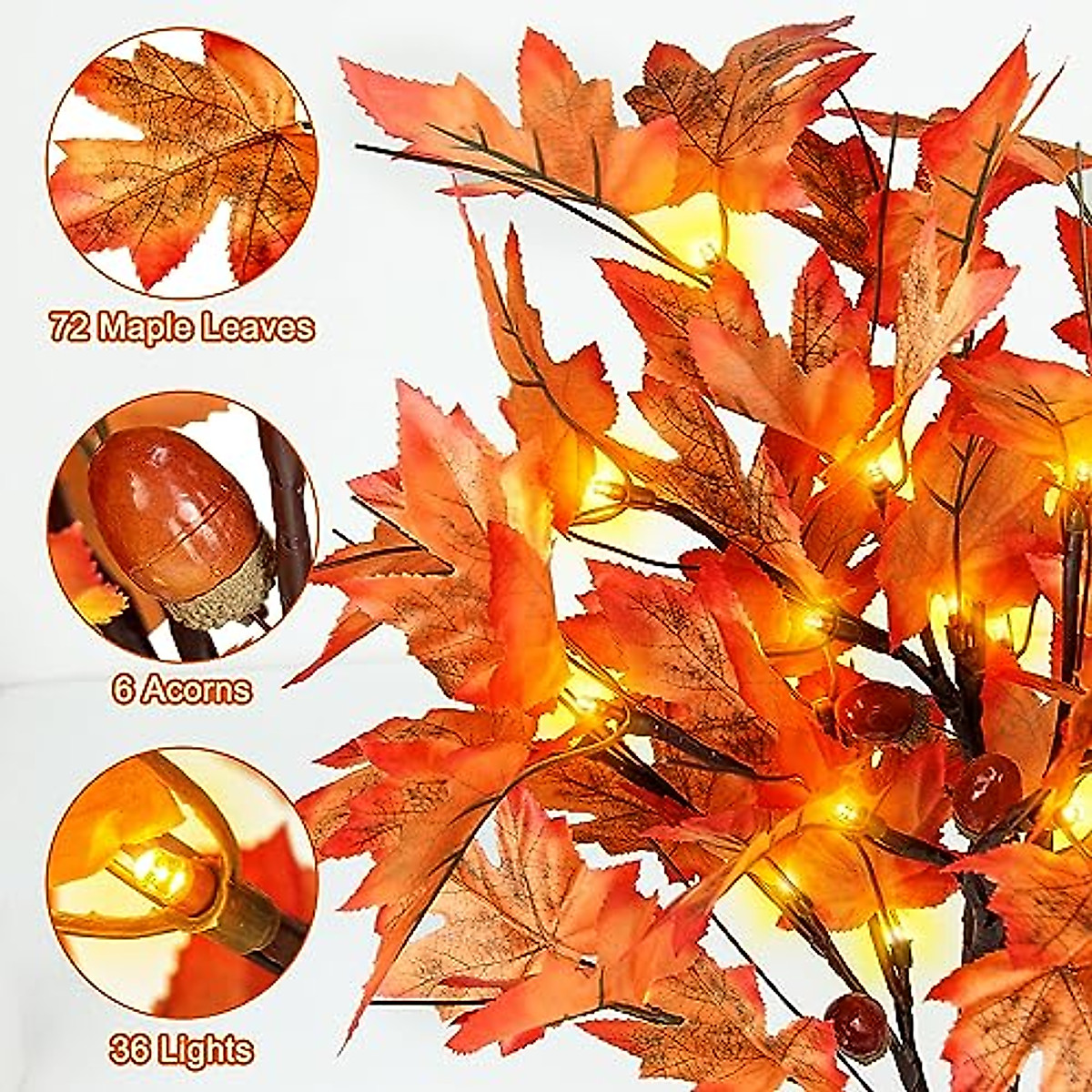 FastDeng 1.5ft Lighted Maple Tree, Artificial Fall Maple Tree with 36 LED Lights, 72 Leaves,6 Acorns, Autumn Tabletop Tree with Burlap Base for Indoor Fall Harvest, Thanksgiving Decorations (2Pack)