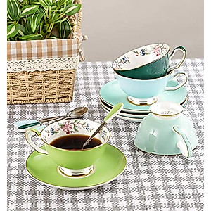 3 Piece Bone China Cup and Saucer Set with Spoon Vintage Porcelain Coffee Cup Set, Floral Tea Cup Set with Gold Trim and Gift Box, 7.1oz.