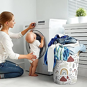 HoaMoya Collapsible Cute Cartoon Bunny Laundry Basket Spring Flowers Rainbow Mushroom Freestanding Laundry Hamper With Handles Large Waterproof Cloth Toy Storage Bin for Household Bedroom Bathroom