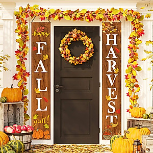 Whaline Fall Harvest Hanging Banner, Fall Porch Sign Autumn Pumpkin Maple Leaf Backdrop Flag for Home Yard Indoor Outdoor Wall Door Thanksgiving Party Decorations, 12 x 72 Inch