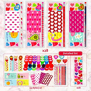 28 Pack Assorted Valentines Day Stationery Kids Gift Set, for Valentine Card Classroom Exchange Cards, Class Kid Pencil Eraser Notepad Sticker Bag, Pencils Bulk Pack Goodie Set, Toys Treats