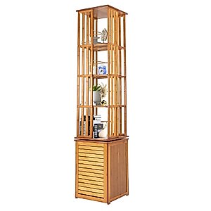 SHOUMANUAL Bamboo Rotating Bookshelf, 6-Tier Bookcase with Storage Cabinet & Doors, 360° Revolving Narrow Storage Display Rack Standing Shelves for Living Room Study Room Office (Teal)