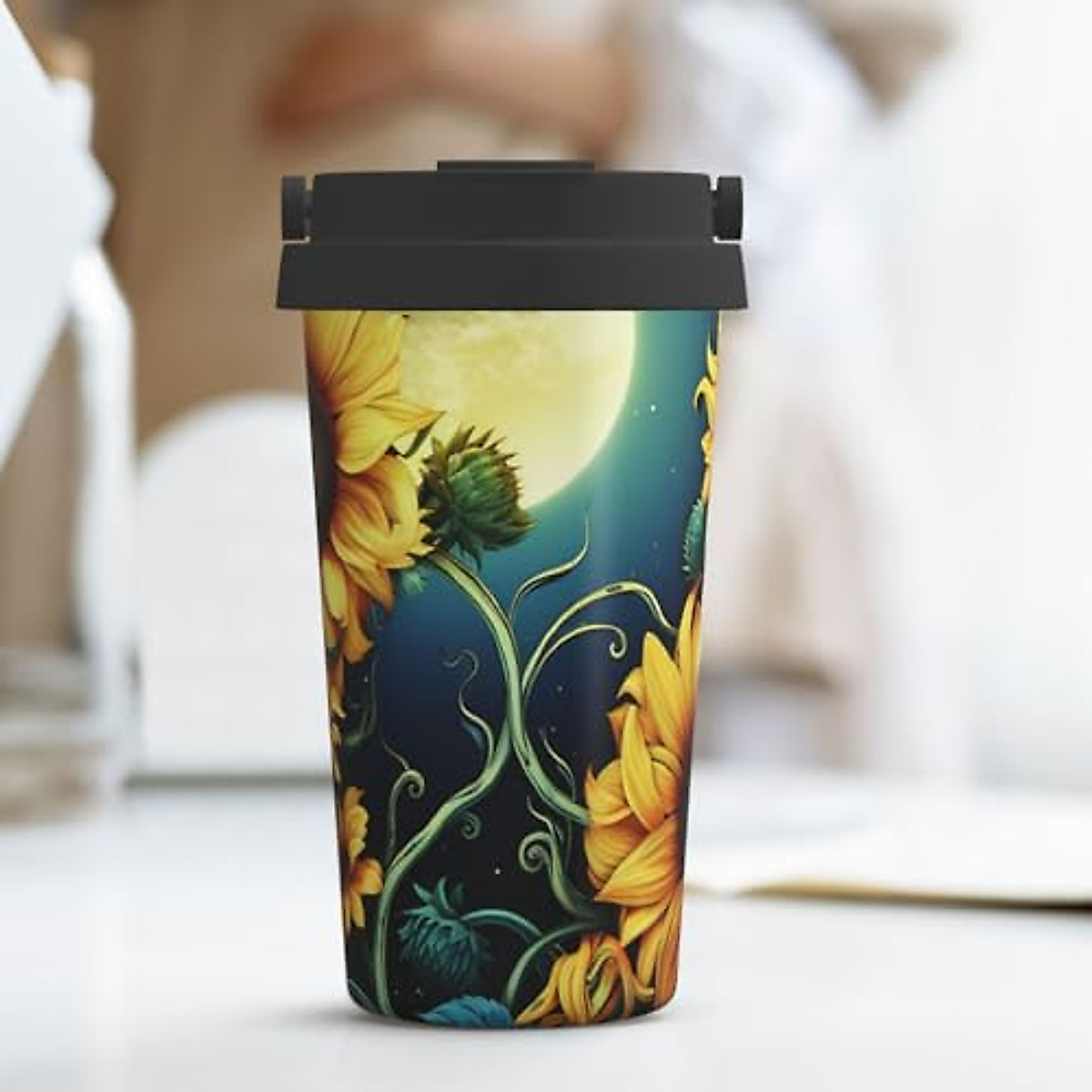 GTKSYNVE Reusable Coffee Mug with Lid and Handle, Moonlight Sunflower Pattern Tumbler for Hot & Cold Drinks 16oz Stainless Steel Insulated Coffee Tumblers Double Wall Vacuum Thermal Cup