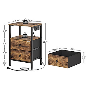YATINEY Nightstands Set of 2, Dorm Night Stand with Charging Station, Bedside Tables with 2 Non-Woven Drawers, Side Table for Dorm Room, End Table for Small Spaces, College, Living Room ET02L2BR