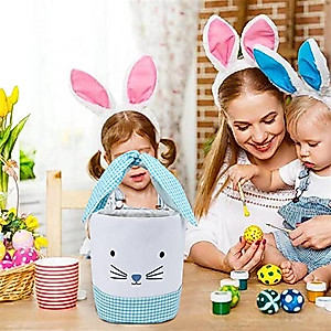 Leziazany Plaid Easter Bunny Basket Bags for Kids Canvas Egg Hunt Basket Bucket Monogrammed Rabbit Egg Gift Bags Polka Dot Portable Easter Tote Bag Party Candy Storage Decoration…