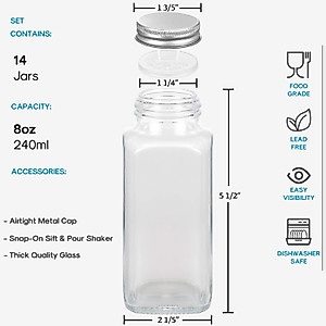 Aozita 14 Pcs Glass Spice Jars with Spice Labels - 8oz Empty Square Spice Bottles - Shaker Lids and Airtight Metal Caps - Chalk Marker and Silicone Collapsible Funnel Included