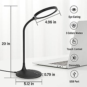 LED Desk Lamp for Home Office, Eye-Caring Table Lamp, 3 Color Modes with 10 Brightness Levels, Dimmable Lamp with Adapter, Touch-Sensitive Control, 360°Adjustable Gooseneck, 3500-5500K 10W. (Black)