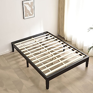 Better Home Products Stella Solid Pine Wood Queen Platform Bed Frame in Black