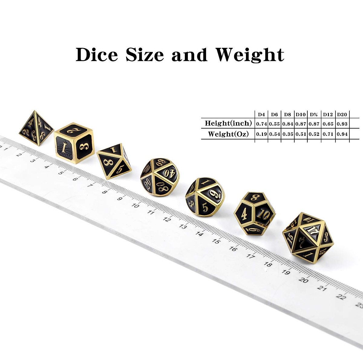 DNDND Metal Dice Set D&D, 7 die Metal Polyhedral Dice Set with Gift Metal Box and Gold Number for DND Dungeons and Dragons Role Playing Games (Black and Gold)