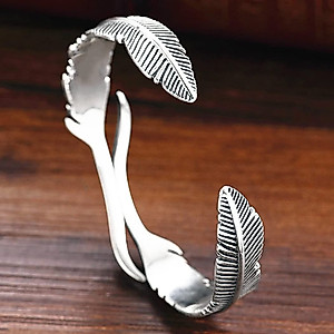 FUTIMELY Silver Leaf Bracelet Vintage Adjustable Feather Bracelet Trendy Hollow Rose Flower Leaves Cuff Bangle Wedding Bangle for Women Men (Silver Feather Bracelet)