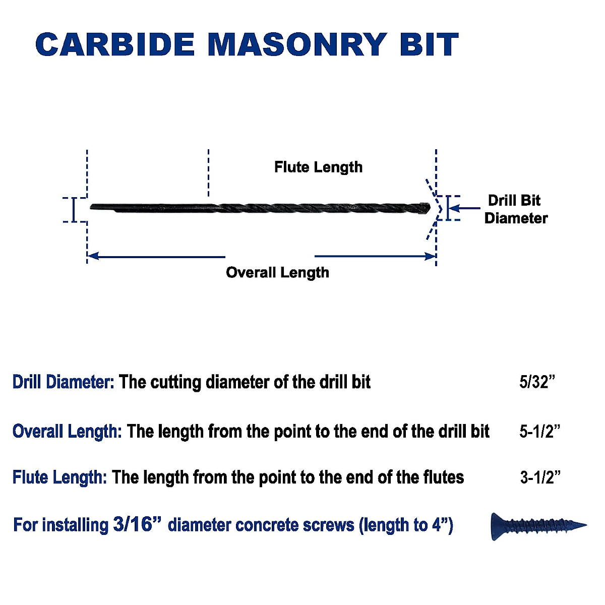 5/32-Inch Carbide-Tipped Masonry Drill Bit for Concrete, Block, Brick, Pack of 6