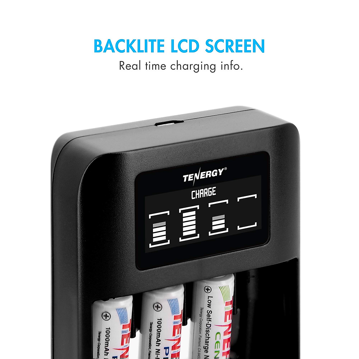 Tenergy TN474U 4-Bay NiMH/NiCD Battery Charger with LCD Display and USB Input, Portable Charger for AA/AAA NiMH and NiCD Batteries