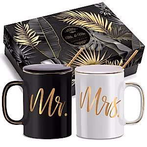 Triple Gifffted Couples Gifts For Wedding Anniversary, Engagement, Christmas, Mr and Mrs Mugs, Him Her, His Hers, Newlywed Couple Gift, Bride Groom, Lids Teaspoons, Ceramic, 380ML