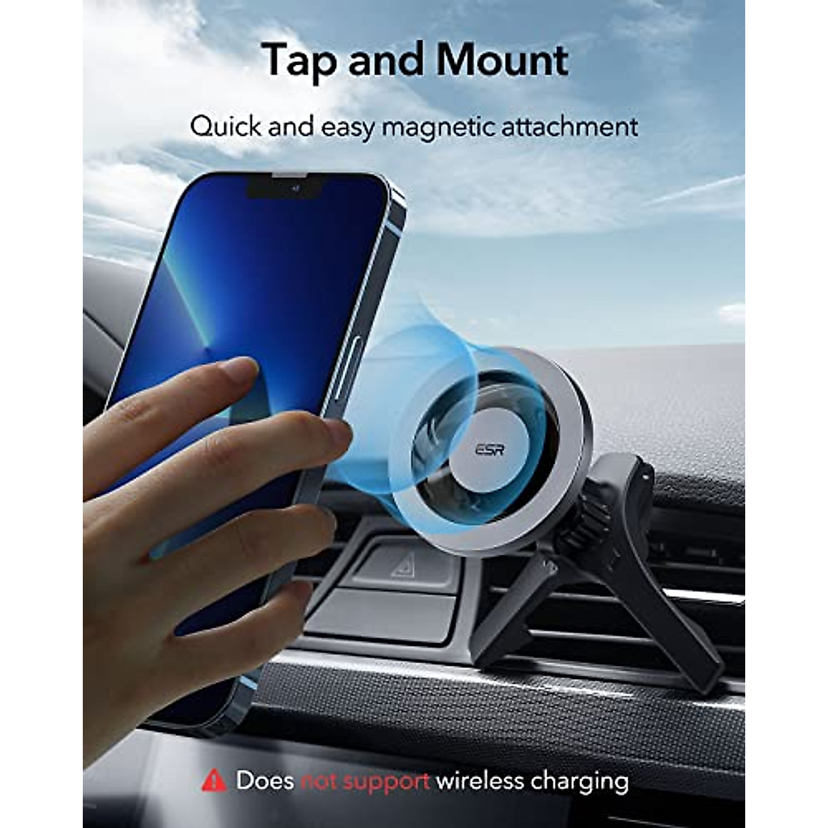 ESR Magnetic Car Mount (HaloLock), Compatible with MagSafe Car Mount, Magnetic Phone Holder for Car, Air Vent Mount for iPhone 14/13/12 Series, Car Accessories, Charging Not Supported, Metallic Grey