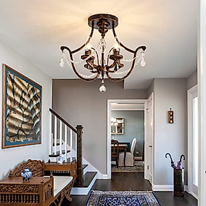 UOFUS Vintage Semi Flush Mount Crystal Chandelier Oil Rubbed Bronze 4-Light Small Metal Ceiling Light Fixture Farmhouse Ceiling Lamp for Foyer Kitchen Entryway Hallway Bathroom Bedroom Dining Room