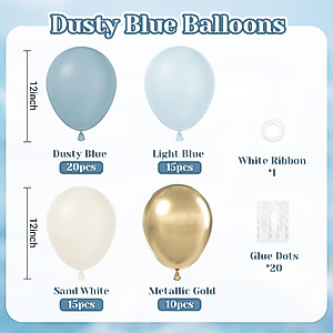 61pcs Dusty Blue Balloons, 12 Inch Dusty Blue Sand White Metallic Gold Balloons with Ribbon for Wedding Bridal Shower Birthday Party Baby Shower Decorations