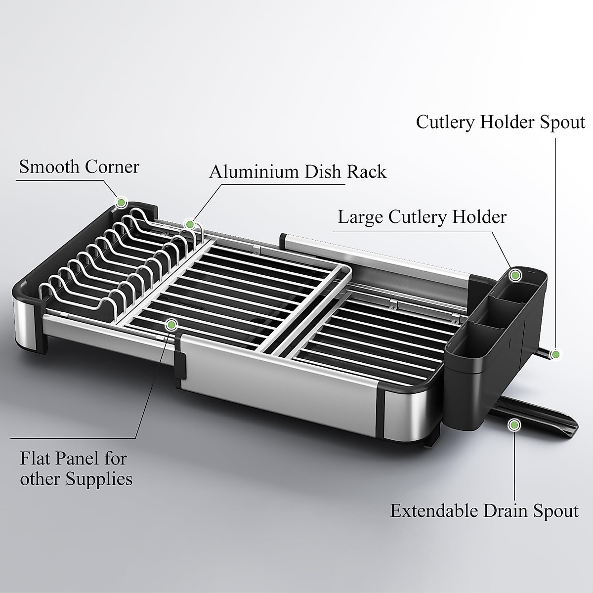 Dish Drying Rack, Kitchen Counter Dish Drainer Rack Auto-Drain, Expandable (14.8 to 22.2 inch) Rustproof Aluminium Large Sink Dish Strainer with Dish Drying Mat and Utensil Holder, Silver