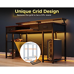 ODK Computer Desk with LED Lights & Power Outlet, 48 Inch Gaming Desk with Keyboard Tray & Drawers & Storage Shelves, Office Table Work Desk with Monitor Stand & PC Stand, Rustic Brown