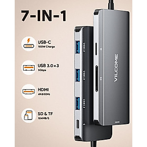 USB C Hub, Vilcome 7-in-1 USB C to 4K HDMI Multiport Adapter, with SD/TF Card Reader, 3 USB 3.0 Ports, and 100W Power Delivery, for MacBook Pro Air, Pixelbook, XPS, and More