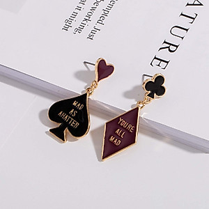 Poker Earrings - Black Heart Dangly Earrings for,Red Heart Alice in Wonderland Earrings,Poker Gifts Queen of Hearts Cool Earrings for Women