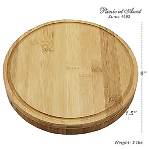 Round Bamboo Cheese Board Set with 3 Stainless Steel Tools and 4 Cheese Markers - 9" Diameter x 1.5" high