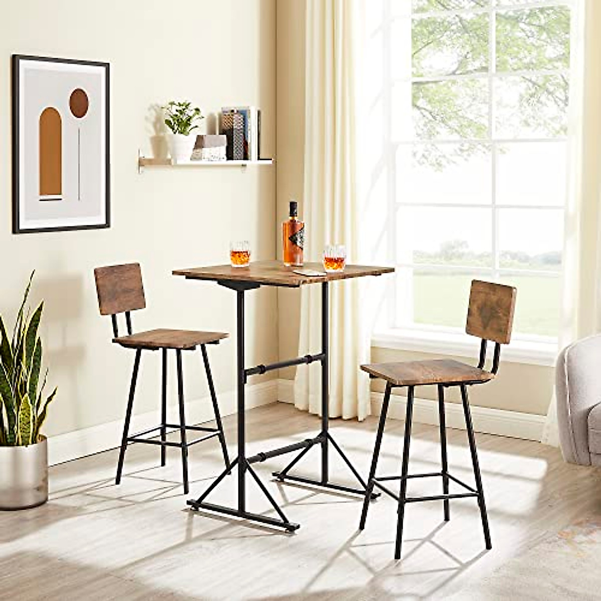VECELO 3-Piece Bar Table Chairs, Square Counter Height Bistro Dinette Sets with 2 Barstools for Kitchen, Breakfast Nook, Small Spaces, Rustic Brown