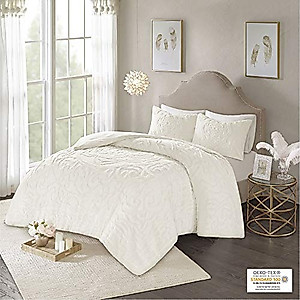 Madison Park Laetitia Comforter Bohemian Tufted Cotton Chenille, Medallion Shabby Chic All Season Down Alternative Bed Set with Matching Shams, Floral Off White King/Cal King(104"x92") 3 Piece