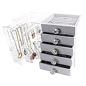 Frebeauty Acrylic Jewelry Box Clear Earring Organizer Storage Boxes,Necklace Hanging with 5 Removable Velvet Drawers Large Jewelry Display Case for Stud Rings Bracelets for Gift,(Grey)