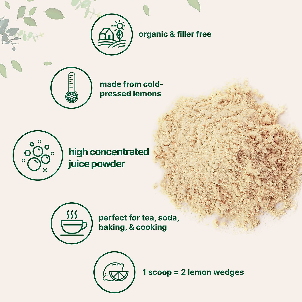 Organic Lemon Juice powder, 10 Ounce | 100% Natural Fruit Powder | Cold Pressed Lemons Source | No Sugar & Additives | Great Flavor for Drinks, Smoothie, & Beverages | Non-GMO & Vegan Friendly