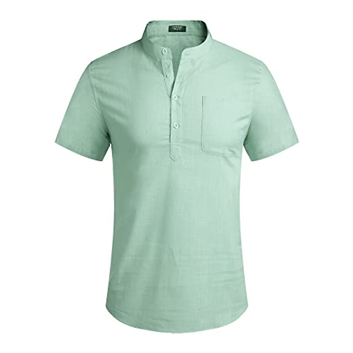 COOFANDY Mens Cotton Linen Henley Hippie Casual Beach T Shirt with Pocket, Green, Large, Short Sleeve