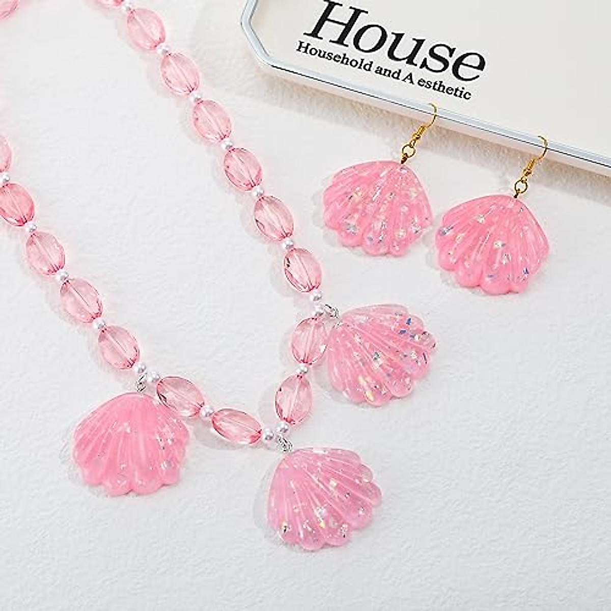 Pink Shell Necklace Earring Set for Women and Girls Outfit Accessories Movie Merch Cosplay Clothes for Women (Necklace & Earrings)