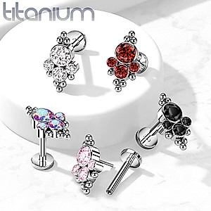 Dynamique Implant Grade Titanium Threadless Push In Labret With Bezel Set CZ Cluster Center and Beaded Ball Edge Top (Sold Per Piece)