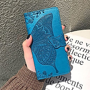 Designed for iPhone 13 Case Wallet for Women,Flip Folio Cover with Butterfly Embossed PU Leather Kickstand Credit Card Holder Slots Magnetic Wrist Strap Protective Phone Case for iPhone 13 (Blue)