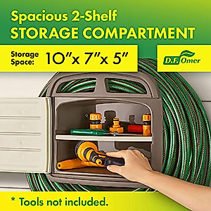 DF OMER Plastic Garden Water Hose Holder with Storage Compartment Fits 150 ft. Hose – 10x7x5 in. Weatherproof Wall Mount Hose Rack Hanger for Outside with 2 Shelves for Garden Equipment