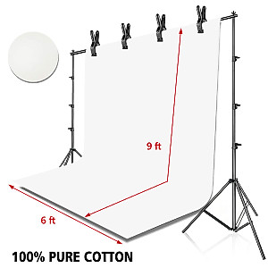 HYJ-INC Photo Background Support System with 8.5 x 10ft Backdrop Stand Kit, 100% White Cotton Muslin Backdrop,Clamp, Carry Bag for Photography Video Studio