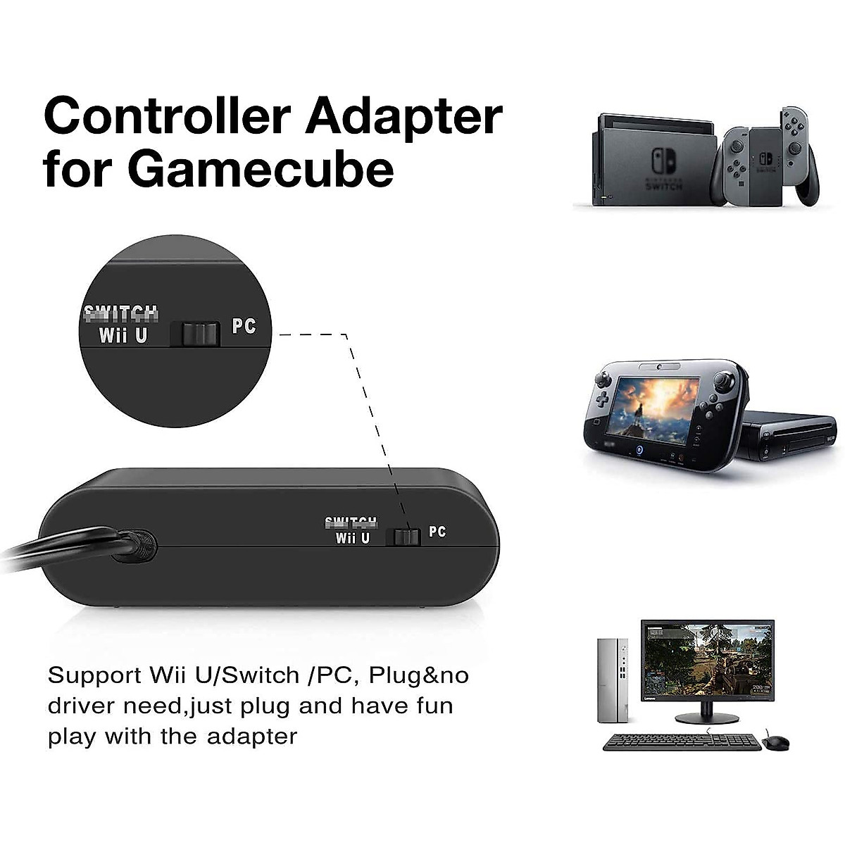 Y Team Controller Adapter for Gamecube, Compatible with Nintendo Switch, Super Smash Bros Switch Gamecube Adapter for WII U/PC with 4 Port