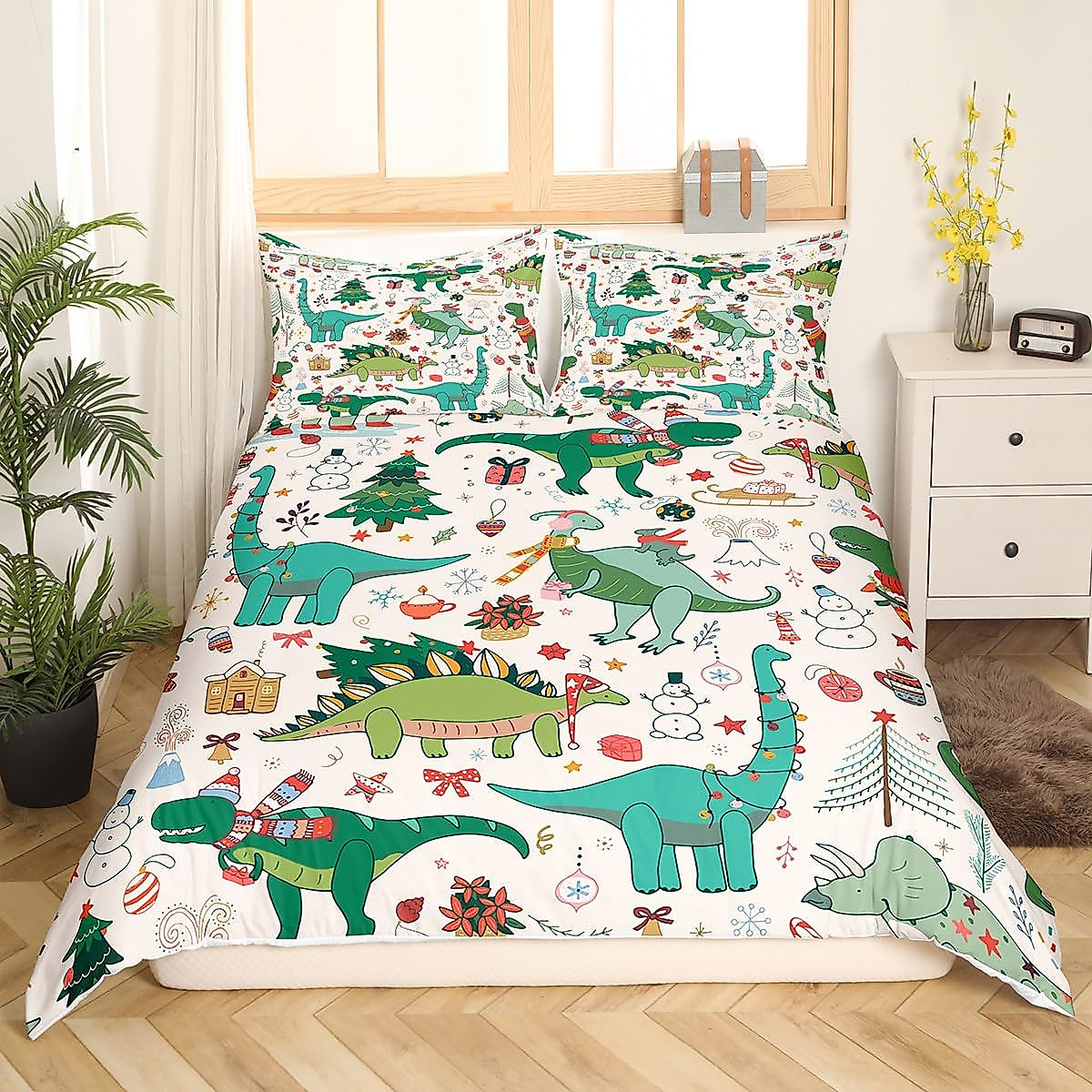 Cute Dinosaur Duvet Cover Set Full Size,Christmas Theme Dinosaur Bedding Set 3Pcs for Kids Girls Boys,Cartoon Xmas Tree Snowman Comforter Cover Xmas Animal Quilt Cover Teens Room Decor,2 Pillowcases