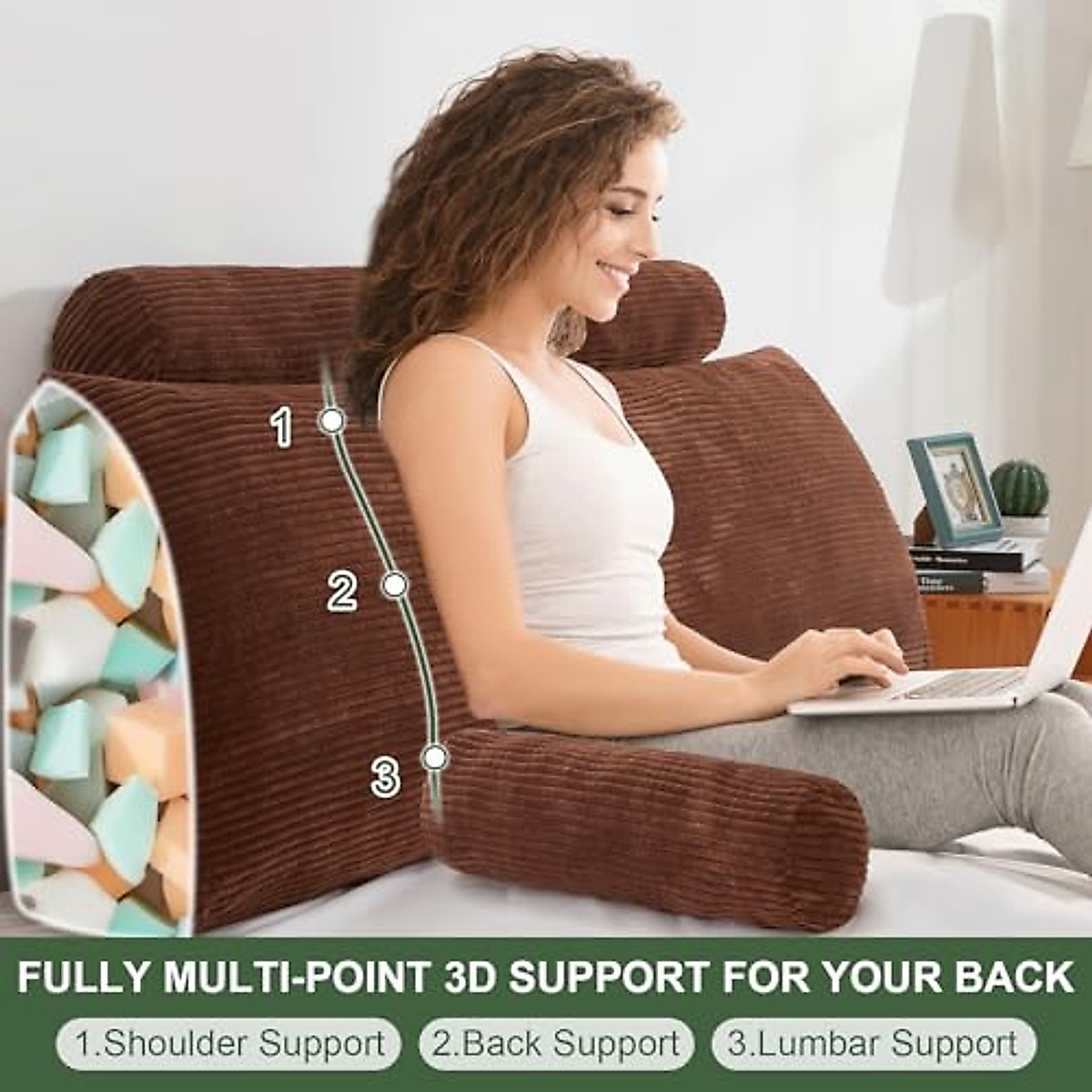 HIGOGOGO Wedge Headboard Pillow, Bed Rest Reading Pillow, Backrest Positioning Support Bolster Cushion with Removable Cover,Queen 60X20.4X8.4,Coffee