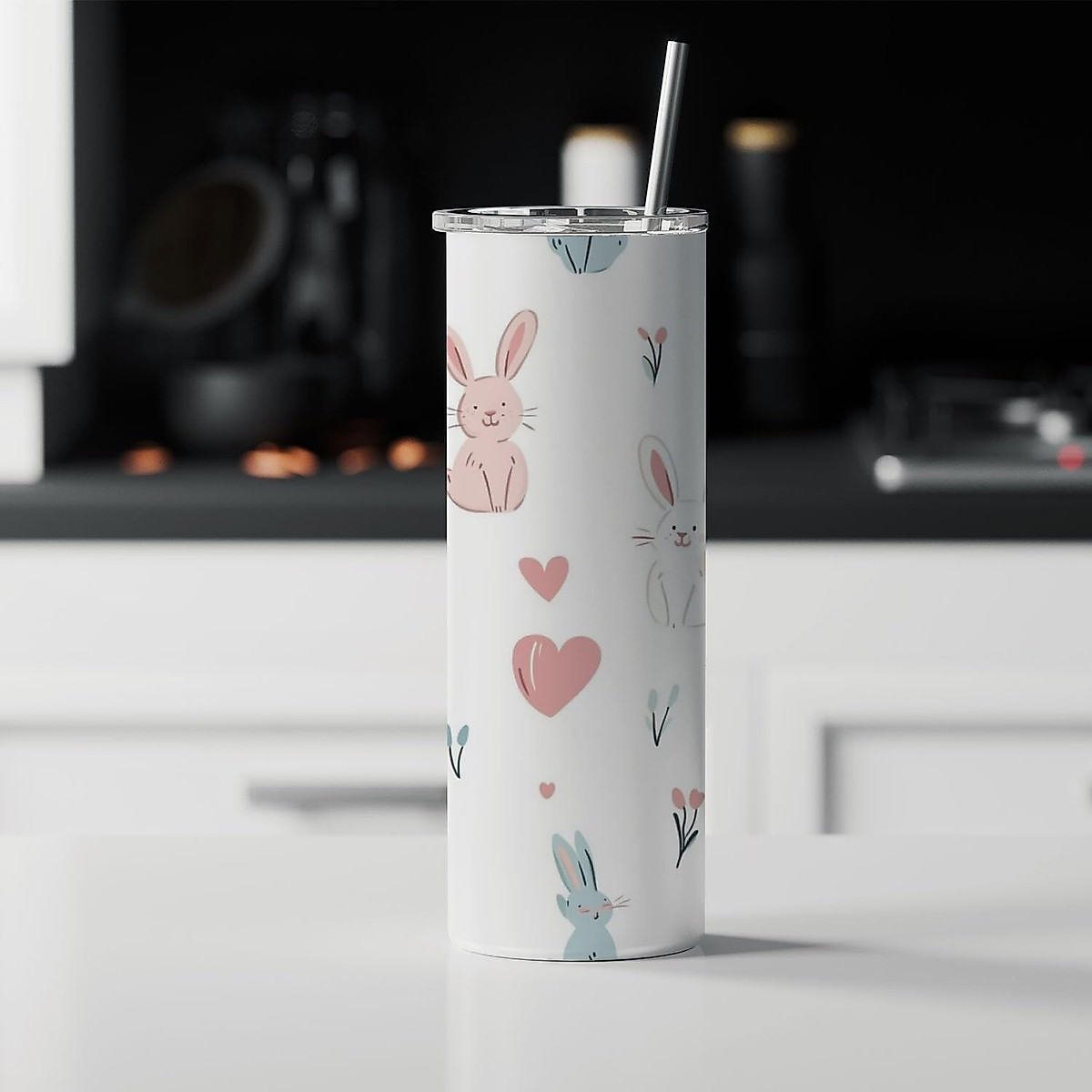 Tumbler with Lid and Straw Cartoon Love Rabbit Thermos Coffee Travel Mug Cute Cups 20 oz Insulated Tumbler for Daily Holiday Decor Gift Coffee Cup