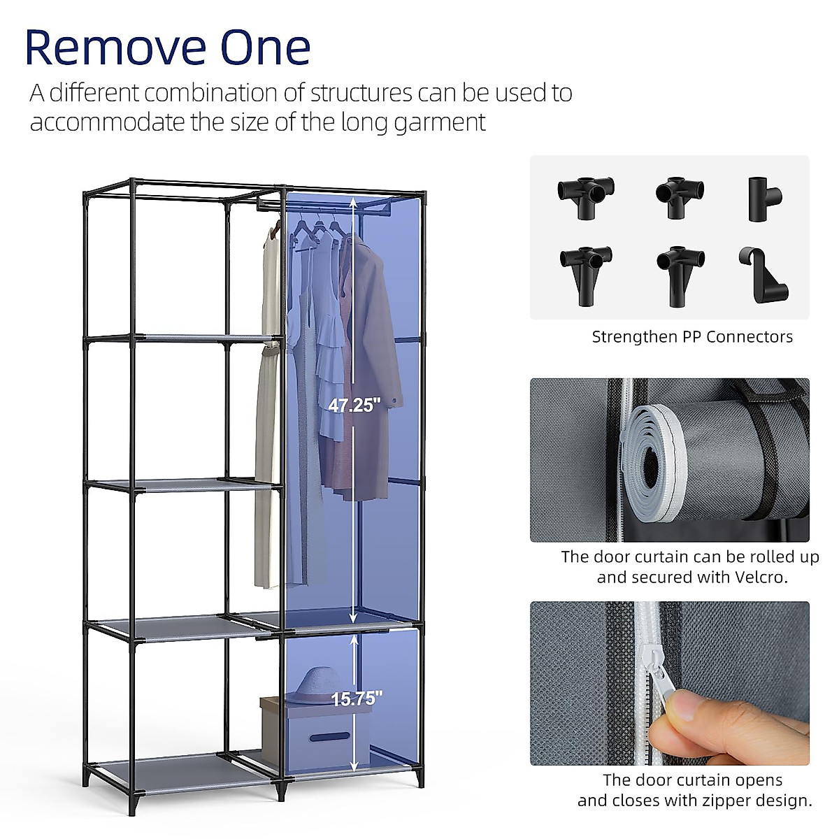 HODYANN Portable Closet, Wardrobe Closet with 6 Storage Shelves and 2 Hanging Rods, Non-Woven Fabric Cover, 34.6 x 17.7 x 66.1 Inches Closet Organizer for Bedroom, Gray