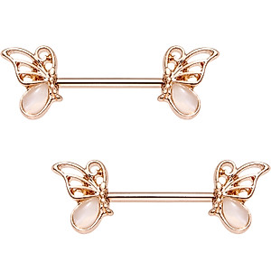 Body Candy Anodized Steel Pink Accent Butterfly Barbell Nipple Ring Set of 2 14 Gauge 15mm