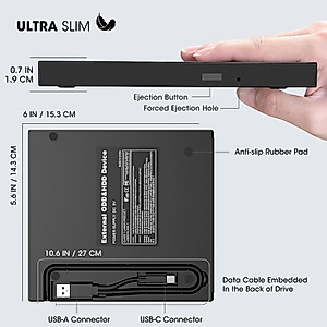 ROOFULL External CD DVD Drive, USB 3.0 & USB-C CD/DVD Burner Player with 4*USB Ports and 2*SD/TF Card Reader, Portable CD/DVD-ROM +/-RW Disk Drive Adapter for Laptop PC Mac Windows 11/10/8/7 Linux