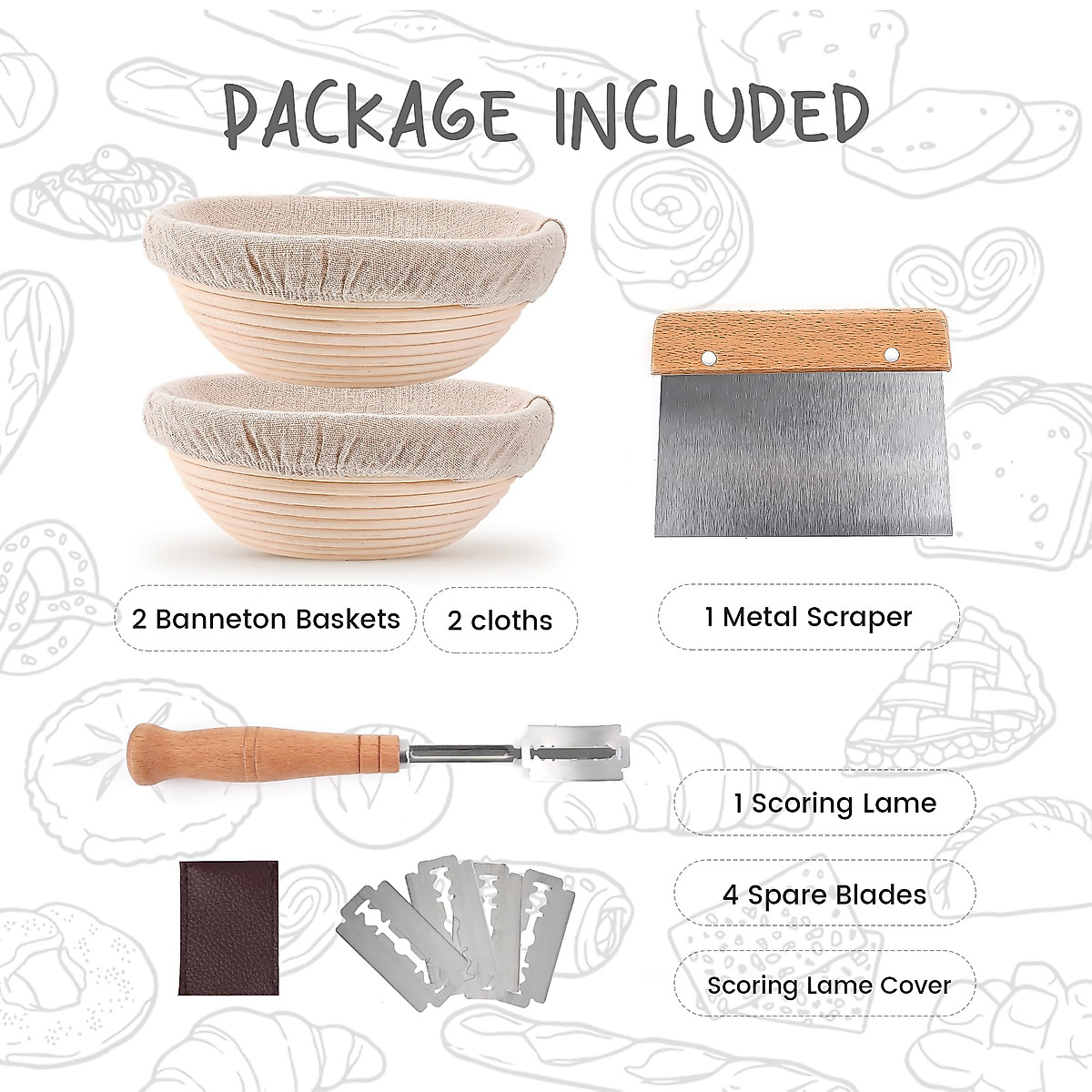 DOYOLLA Proofing Baskets for Sourdough Bread Making, Dough Proofing Bowls Kit with Cloth Liner + Scoring Lame + Scraper for Professional & Home Sourdough Bakers (Round,8.5 inch,Set of 2)