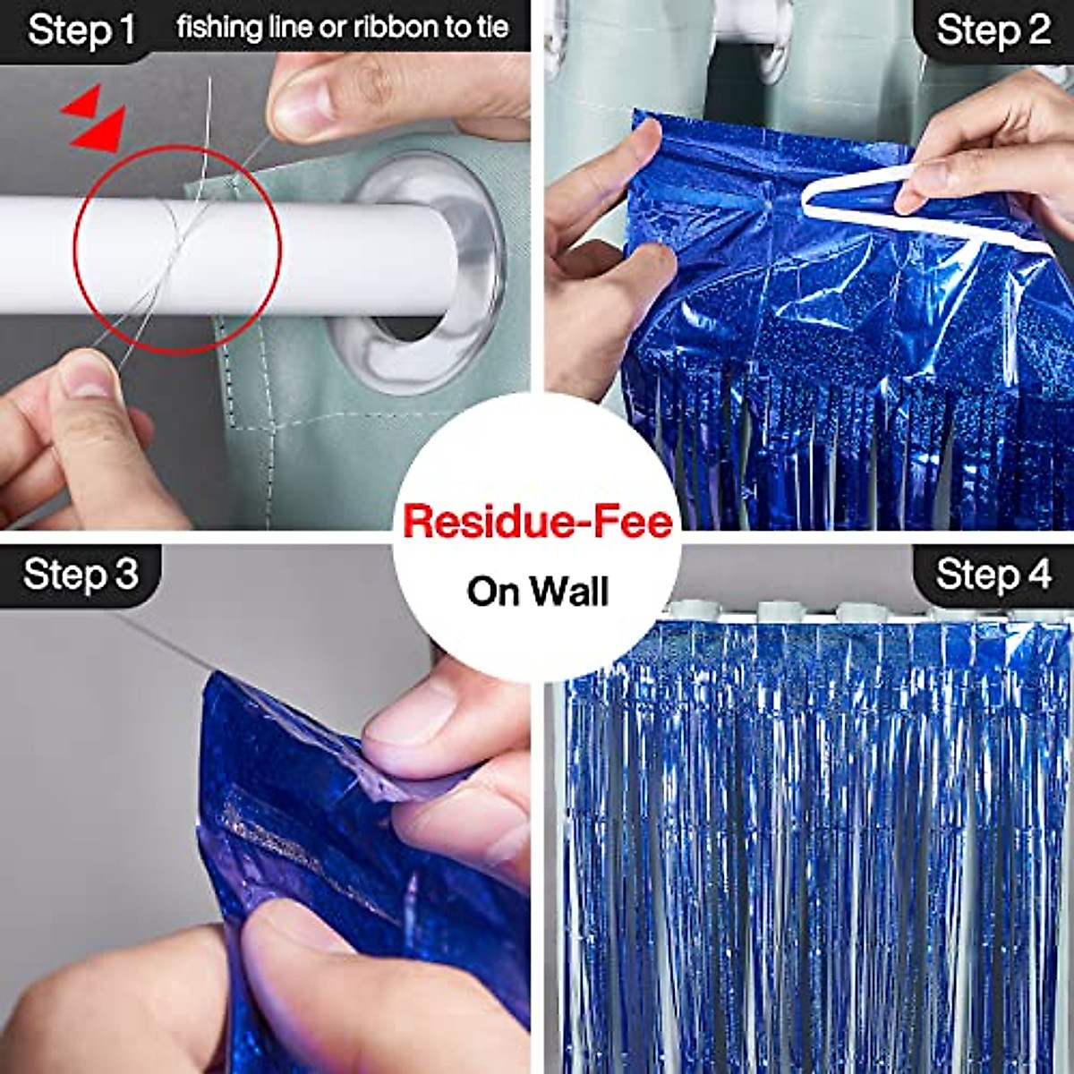 PartyWoo 2 pcs Royal Blue Foil Fringe Curtain, Metallic Foil Tinsel Fringe Backdrop Door Fringe for Birthday Wedding Party Photo Backdrop, Blue Streamers Party Decorations