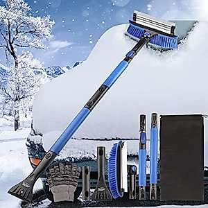 57 Inch Extendable Snow Brush and Ice Scraper, 270° Pivoting Snow Brush for Car Windshield, 3 in 1 Sturdy Snow Brush with Squeegee and Foam Grip, for RV SUV Truck, Gloves and Storage Bag Included