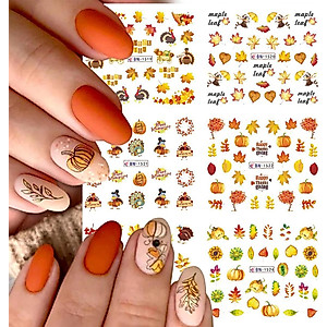 Fall Nail Art Stickers Thanksgiving Nail Decals Maple Leaf Turkey Water Transfer Nail Sticker Autumn Design Nail Art Supplies Acrylic Nail Accessories for Women Girls Thanksgiving Day Nail Decoration
