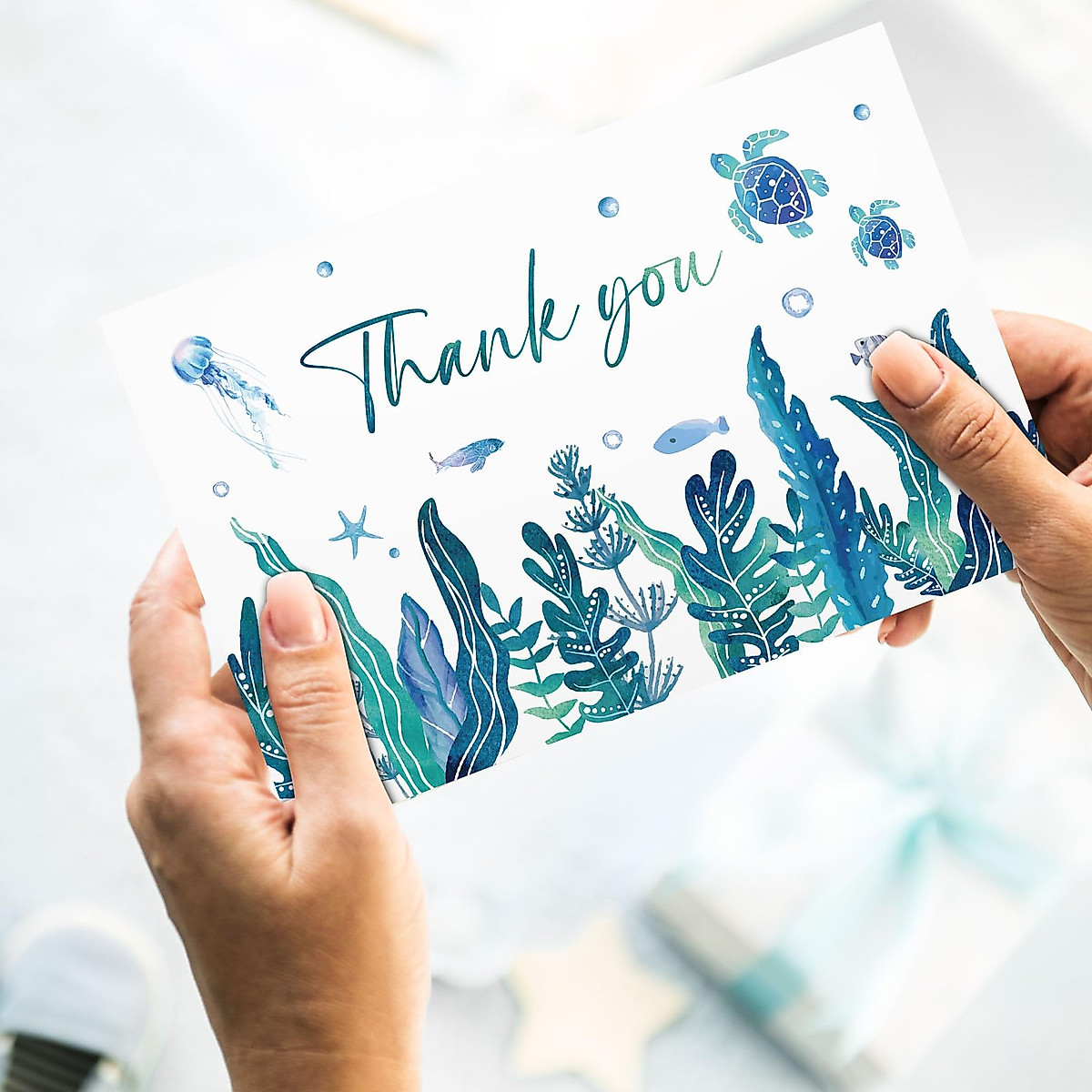 JarThenaAMCS 24 Set Under the Sea Thank You Cards with Envelopes and Stickers Blue Seaweed Sea Turtles Fish Greeting Cards for Birthday Wedding Baby Shower, 4 x 6 Inch
